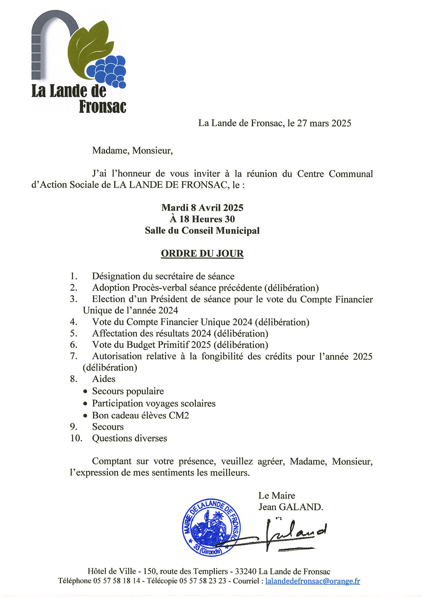 ORDRE DU JOUR DE LA COMMISSION CCAS DU MARDI 8 AVRIL 2025 A 18H30 - La Lande de Fronsac